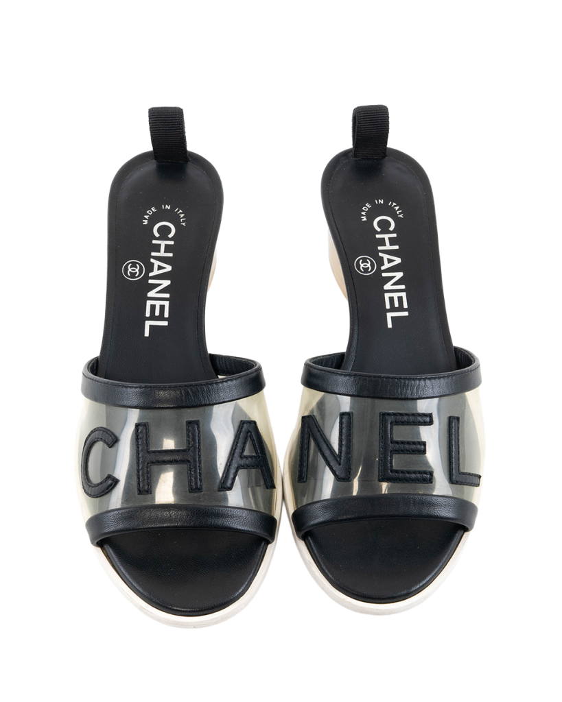 » CHANEL SLIDE SANDALS 34 BLACK CHANEL LOGO CALF PVC
